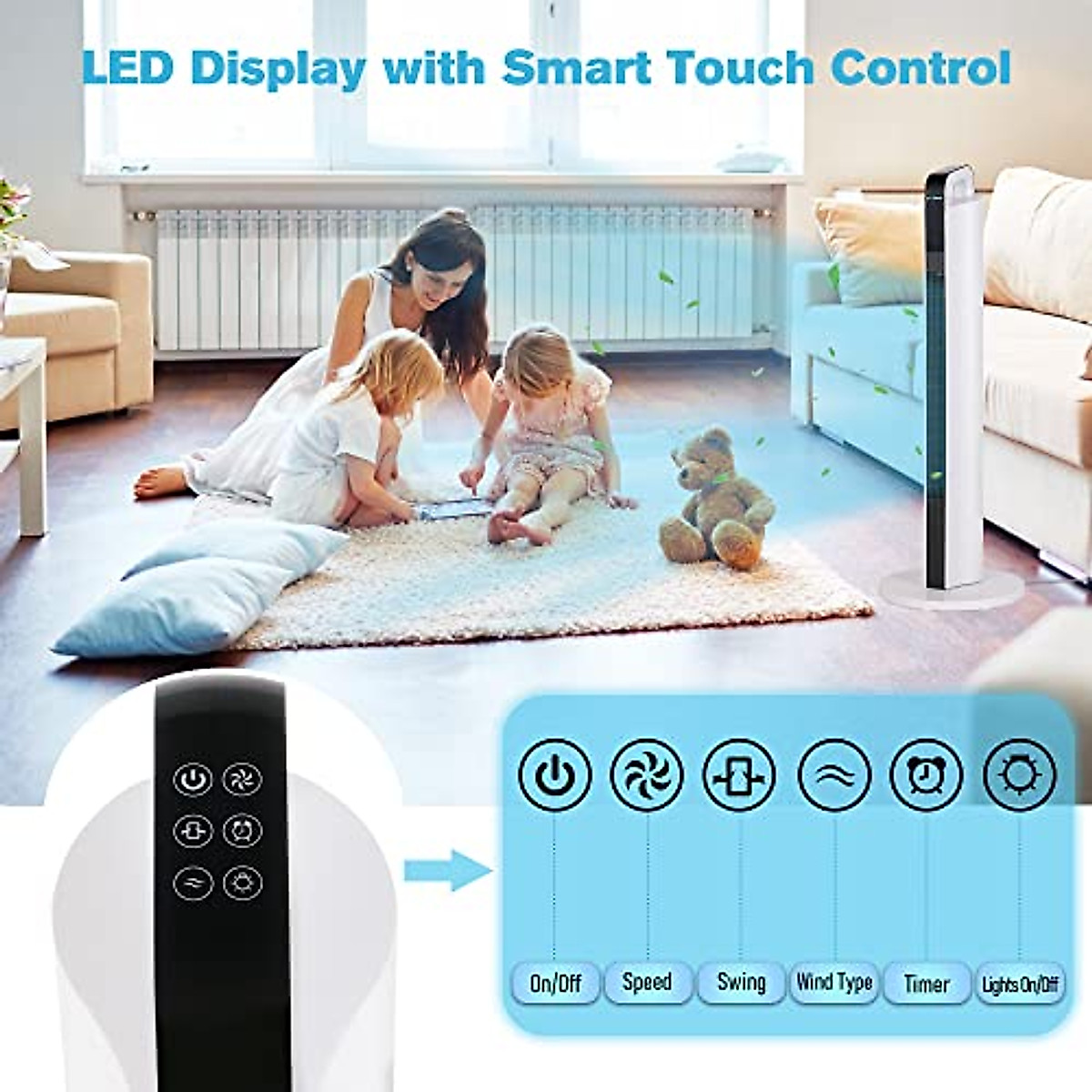 E-Macht Tower Fan 35 Inch Oscillating Fan, Bladeless Floor Fans with 3 Speeds, 3 Modes, 80° Oscillating, 8H Timer, Remote Control & LED Display Standing Fans for Home Room Office