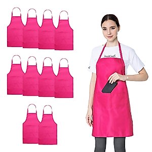Hi loyaya 10 Pack Bib Pink Aprons Bulk for Women Girl Adult Painting BBQ Cooking Kitchen Baking with Pockets (10, Pink)