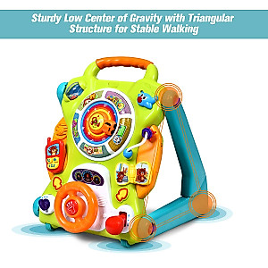 BABY JOY Sit-to-Stand Walker, 3 in 1 Baby Walker, Drawing Board, Entertainment Table, Kids Activity Center w/Lights, Music, Phone, Steering Wheel, Educational Push Toy for Toddlers (Blue)