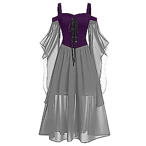 Renaissance Faire Costume Women Cold Shoulder Corset Halloween Dress Plus Size Ren Faire Corset Fairy Costume Witch Costume for Women Witchy Dresses for Women Steampunk Dress（2-Light Purple,4X-Large）