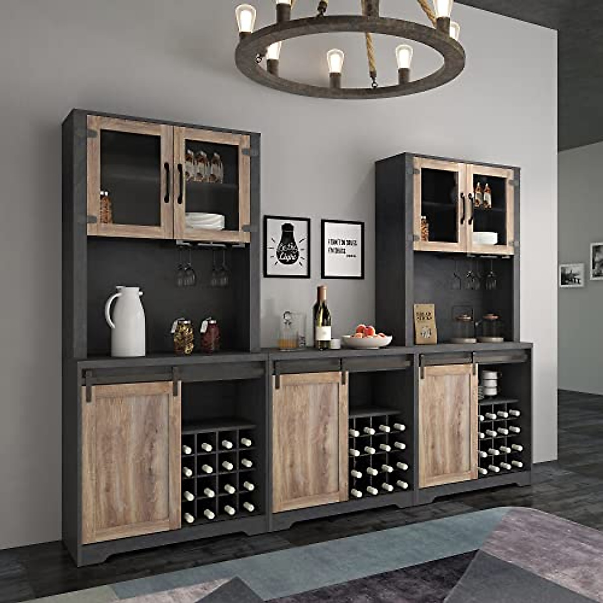 Holaki Wine Bar Cabinet,Kitchen Hutch Storage Cabinet with Sliding Barn Door and Shelves,Farmhouse Sideboard and Buffet Cabinet with Wine Rack,Coffee Bar Cabinet for Living,Dining Room,Kitchen(Black)