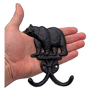 Rustic Black Bear Cast Iron Double Wall Hooks, Set of 3, 5.25 Inches