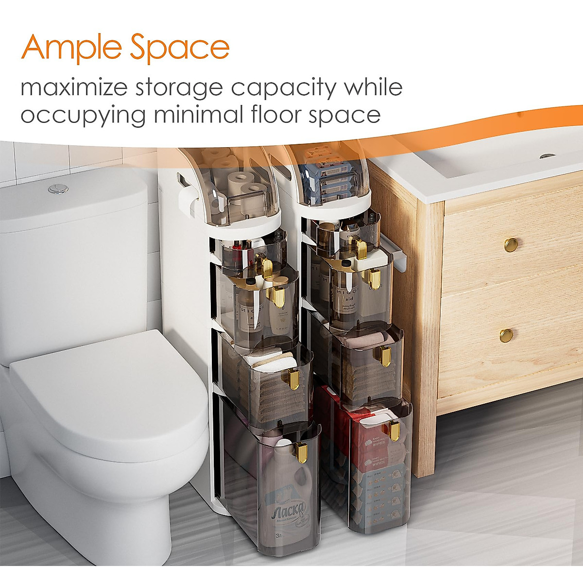 tonchean 4-Tier Bathroom Organizers and Storage,Plastic Narrow Slim Storage Cabinet with Clear Drawers Bathroom Floor Cabinet Towel Organizer Rolling Cart with Wheels for Small Space Gap Living Room