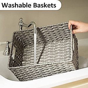ROSOS Wicker Baskets 2 Pack, Wicker Storage Basket with Handles, Large Wicker Baskets for Storage, Waterproof Wicker Baskets for Organizing, Large Storage Baskets Wicker 15" and Medium 14", Grey