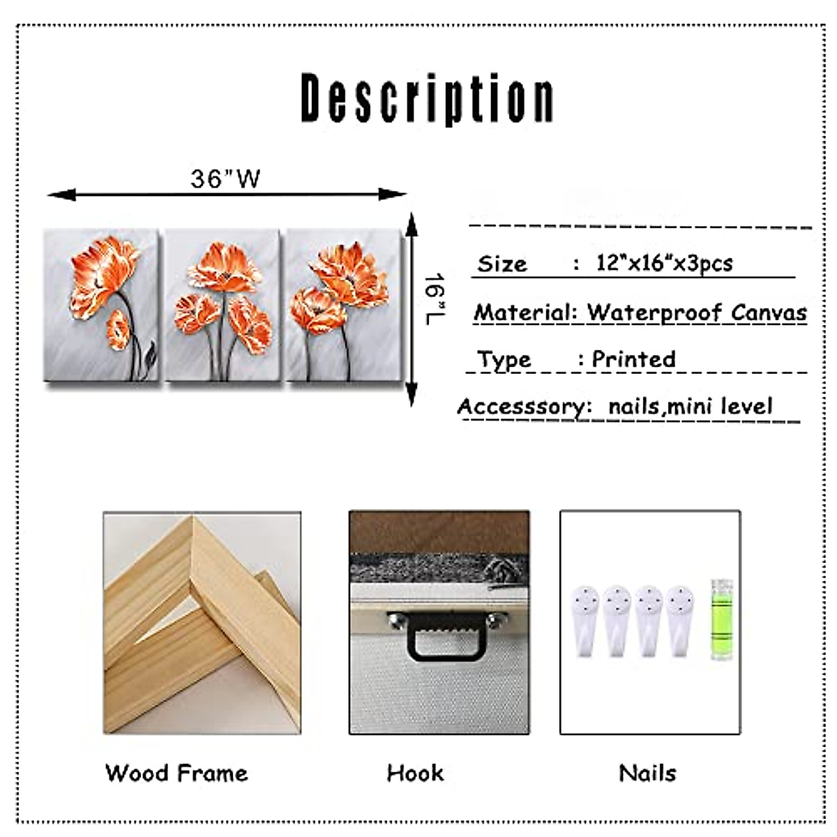 Derkymo 3 Panels Elegant Poppy Wall Painting Orange Flower Canvas Wall Art Pictures of Poppy Flowers for Home Decoration Stretched and Framed Easy to Hang 12"x16"x3pcs