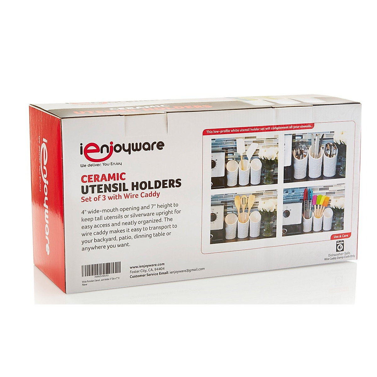 iEnjoyware Kitchen Tool Crock (4 Pieces) - 3 Ceramic Utensil Holders (4" Dia x 7" H each) & 1 Metal Caddy - White & Embossed Design