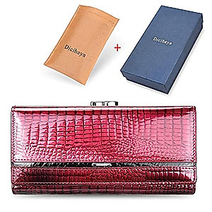 Dicihaya Womens Large Capacity Zipper Luxury Patent Genuine Leather Clutch Wallet Multi Card Organizer Coin Pouch (Burgundy)