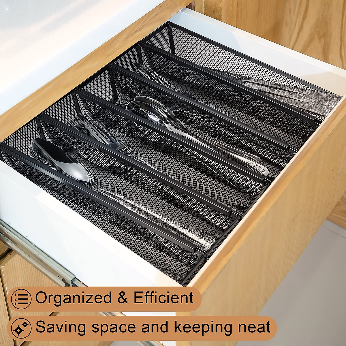 10 Pcs Drawer Organizer Silverware Drawer Organizer Mesh Utensil Drawer Organizer for Kitchen Drawer Silverware Tray with Interlocking Arm for Flatware Fork Spoon Knife Makeup, 9 x 3 x 2 Inch, Black
