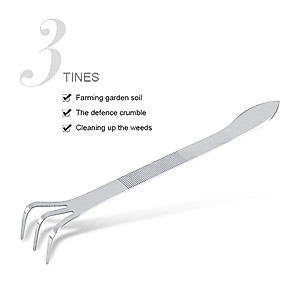 Gardening Rake, 3-Prong Stainless Steel Loosen Soil Root Rake, Gardening Soil Farming Bonsai Tree Tools with Ergonomic Handle