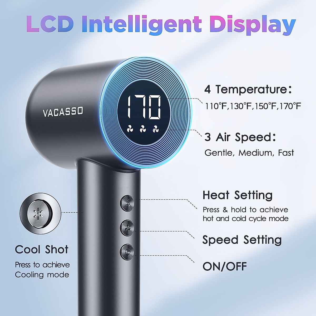 VACASSO Hair Blow Dryer, Ionic Dryer with Care Module, Professional Hairdryer High-Speed 110, 000 RPM Fast Drying, Low Noise Salon LED Temp Display, Negative for Home Travel Silver Gray