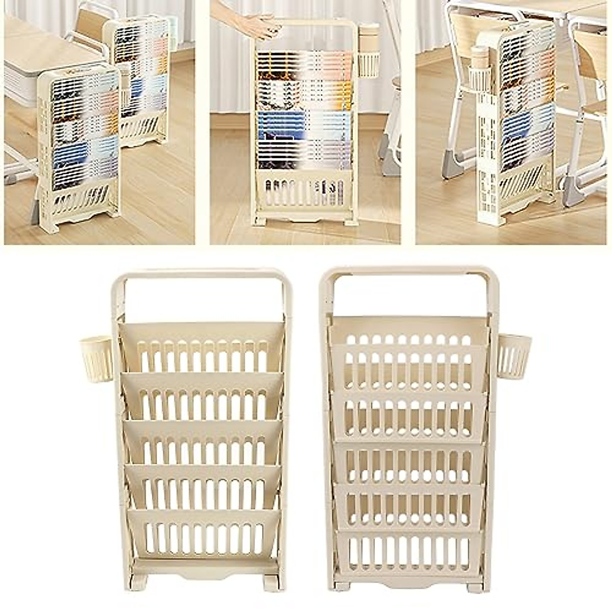 Fabater Movable Bookshelf Cart, 5 Tier Rolling Utility Cart, Mobile Book Cart with Pen Holder, Removable Storage Book Shelves, File Organizer for Home, Office, Kitchen, Classroom (Cream)