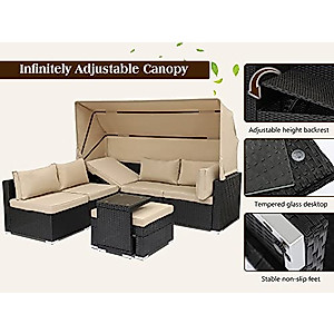 LEISU 7 Pieces Patio Furniture Sets, Outdoor Daybed with Canopy Adjustable Backrest, Sectional Seating with Washable Cushions Rectangle Sunbed for Backyard Garden Poolside (Khaki)