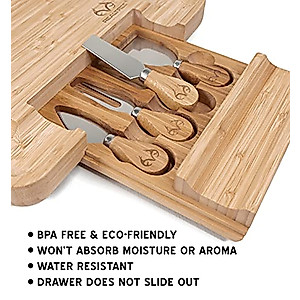 Realtree Bamboo Charcuterie Cheese Board & Knife Set, Serving Platter Tray with Cutlery Set, Housewarming Gifts, Entertaining, Cheese Serving Plate, Large Cheese Charcuterie Board