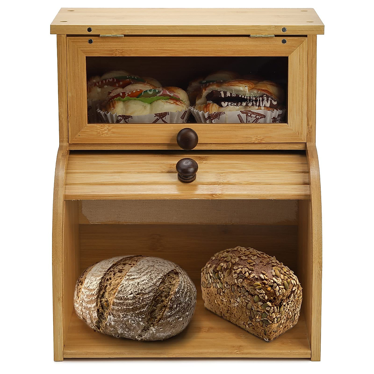 Jucoan Bamboo Bread Box, 2 Layer Large Natural Wooden Bread Storage Box with Window, Roll Top for Kitchen Countertop, Farmhouse Bread Holder Bin Container for Home to Keep Bread Fresh