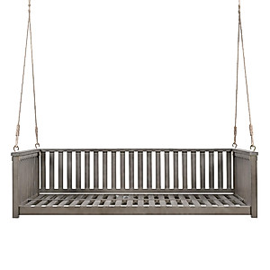 CKLMMC Minimalist 2-Person Acacia Wood Swing Bed, Patio Porch Swing with Ropes for Backyard Garden, Safe Sloped Design,Mattress, Cushions and Pillows not Included(Gray/Acacia)