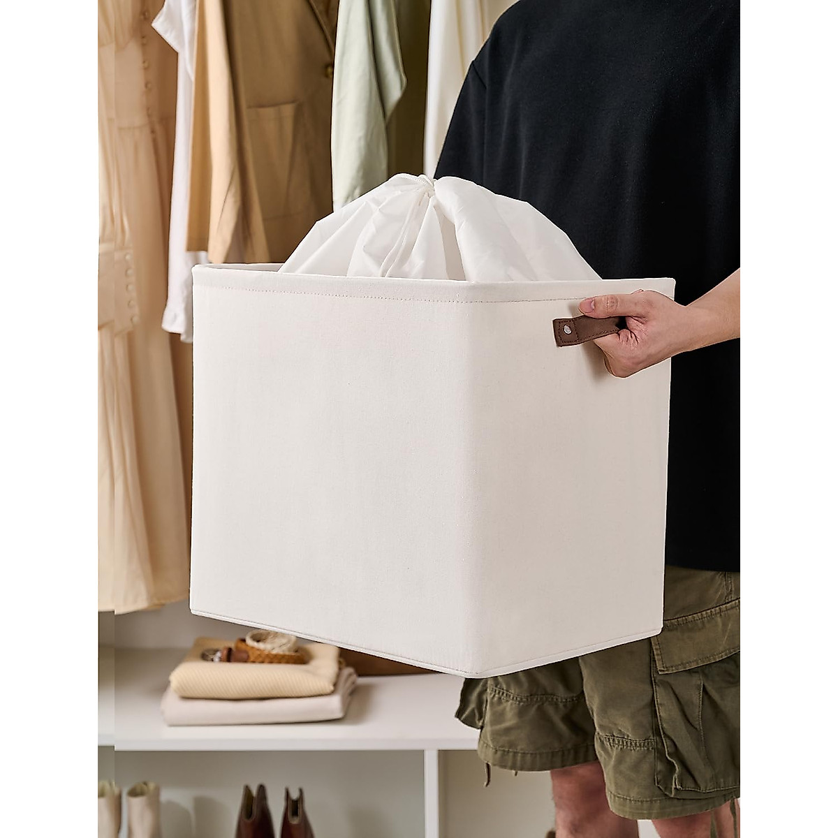 StorageWorks Fabric Storage Bin with Drawstring Closure, Foldable Storage Baskets for Organizing, Closet Storage Bins with PU Handles, Beige, Large, 3-Pack
