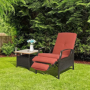 ALIMORDEN Patio Wicker Adjustable Recliner Chair, Steel Frame Rattan Sofa with Thick Removable Cushion, Outdoor Relaxing Lounge Chair for Porch, Backyard, Garden, Water Resistant, Red