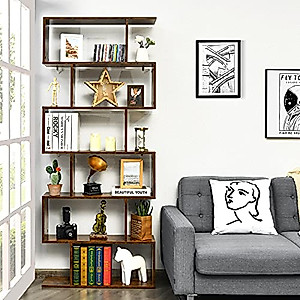 Augester 6-Tier Bookshelf, Wood S-Shaped Bookcase with Anti-toppling Device, Freestanding Display Shelf for Living Room, Bedroom, Office (Coffee)