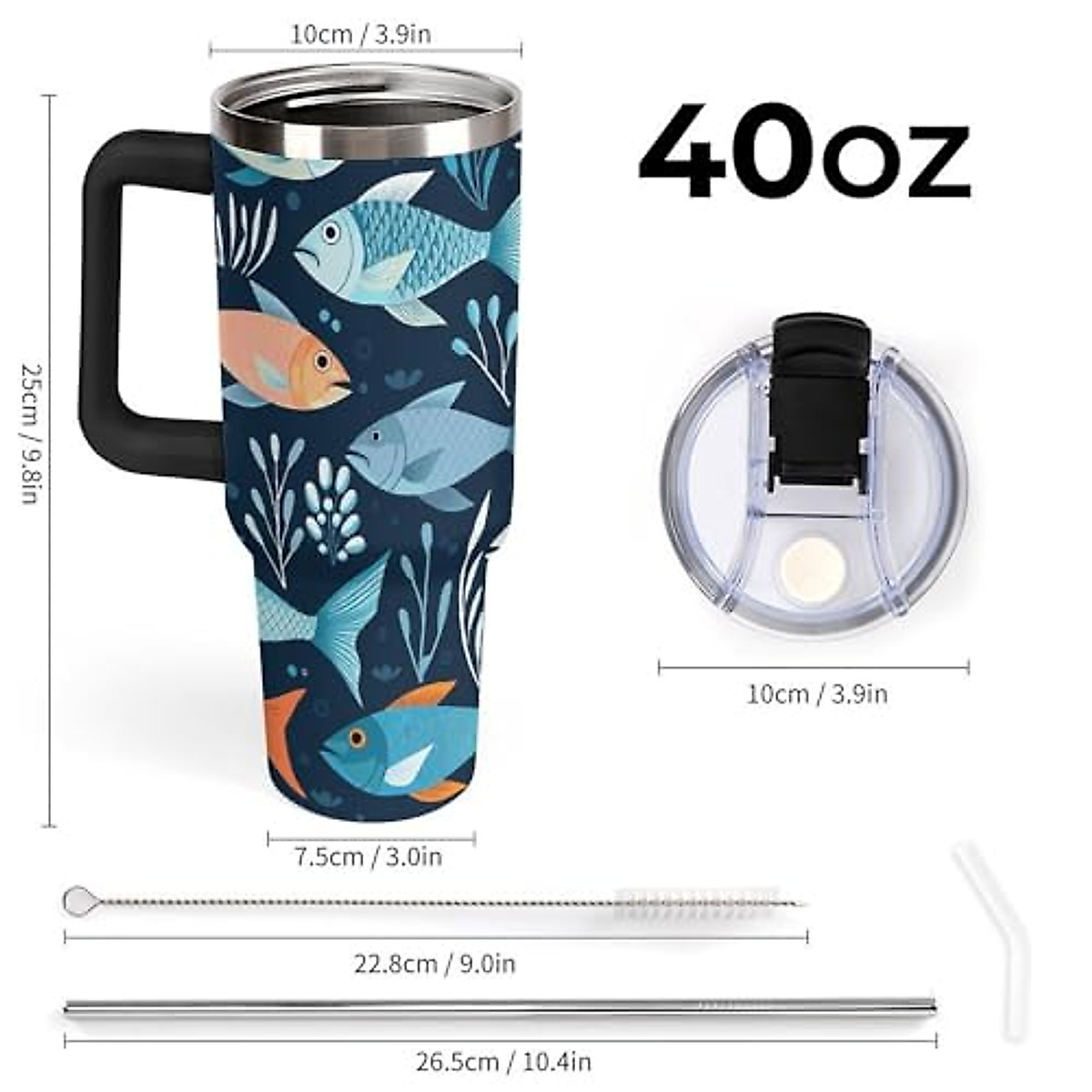 LPSADGF Fishes Pattern Insulated Stainless Steel Travel Mug, 40 Oz Tumbler with Handle And Straw Double-Wall Vacuum Coffee Cup, Leak-Proof Lid, Keeps Drinks Hot/Cold for Hours