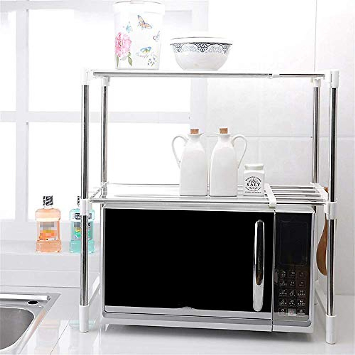 JF-XUAN Kitchen Shelf Microwave Oven Rack Multifunctional 2-layer Microwave Oven Rack Kitchen Rack Adjustable Stainless Steel Storage Rack With Hook Large Microwave Oven Rack (Color : Silver, Size