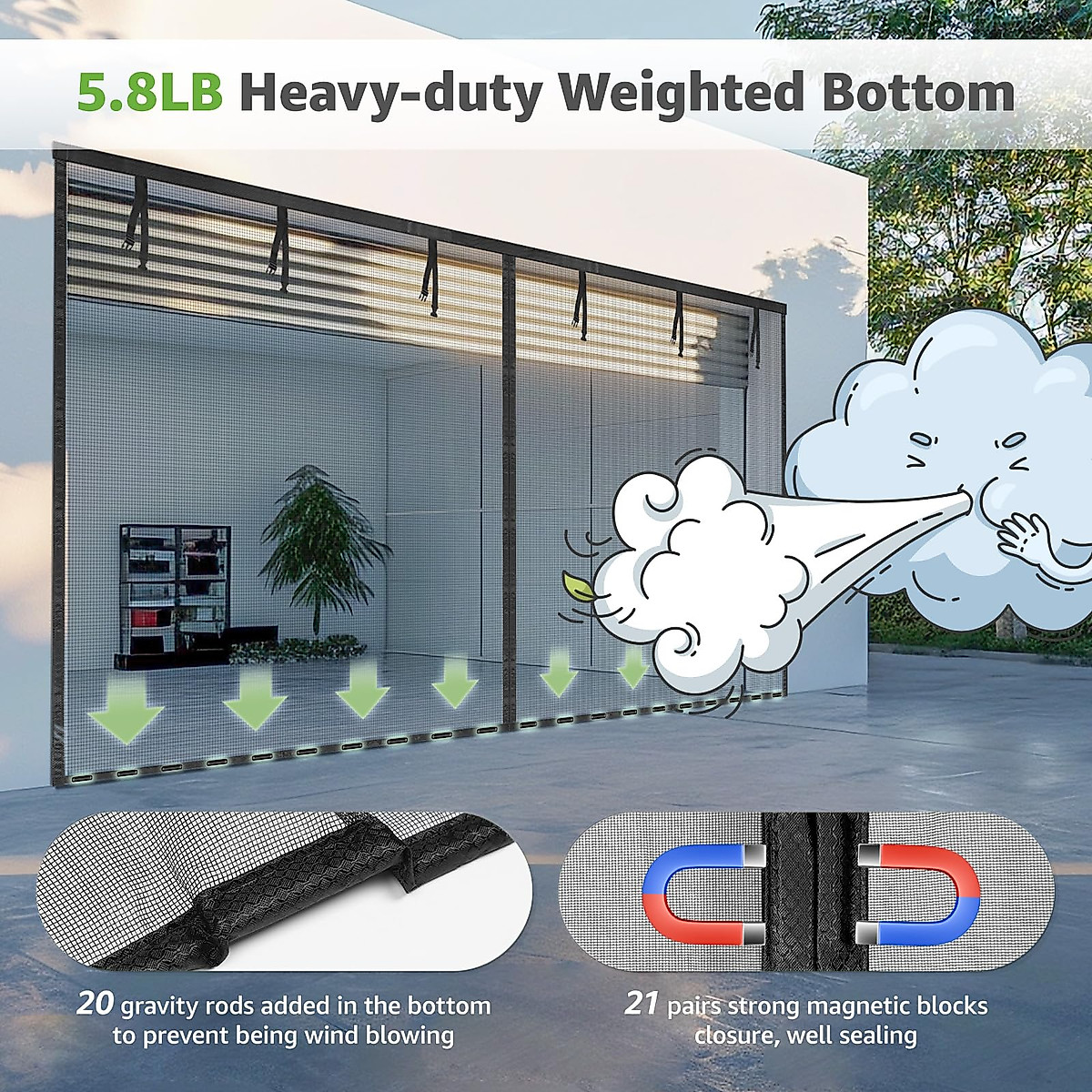 Garage Door Screen, 16x7 Ft Magnetic Closure Heavy Duty Weighted Bottom Garage Screen Doors for 2 Car Garage, Fiberglass Mesh Anti Annoying Animal Out