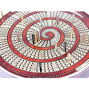 House of Cribbage - Cribbage Board Spiral Design Round Shape 4 Tracks Bloodwood/Maple with Place for Skunks, Corners & Won Games