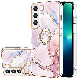 Monwutong Slim Fit Phone Case for Samsung Galaxy S23 (Not fit S23 Plus), IMD Marble Pattern Shiny Ring Kickstand Case for Girls,with Camera and Screen Protect Cover for Galaxy S23,ZHDD Rose Gold