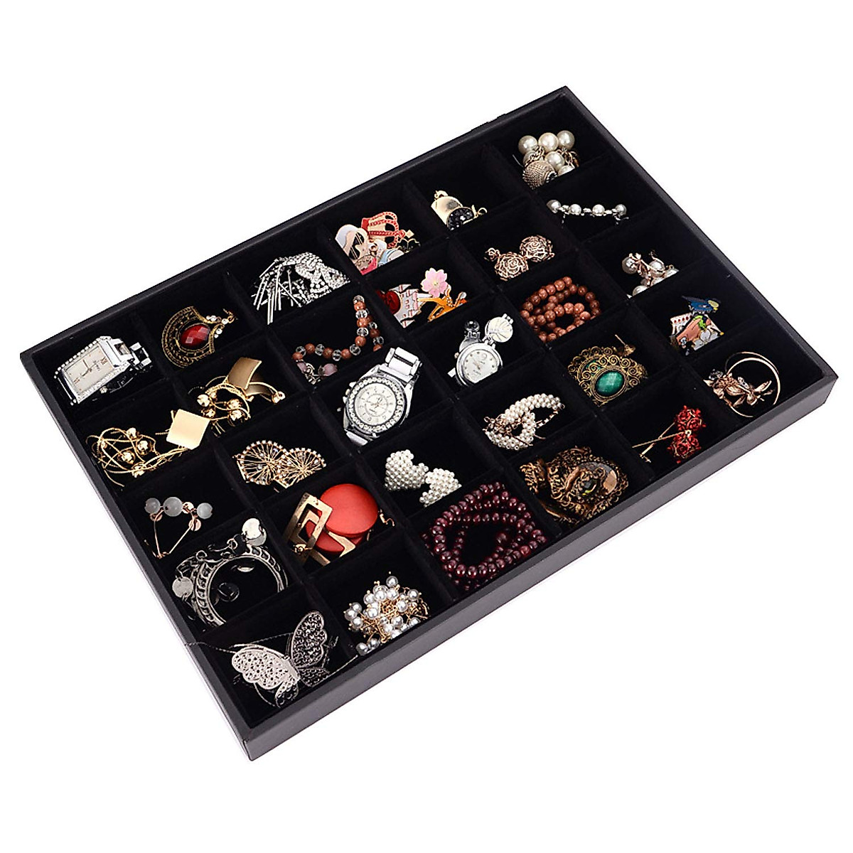 Black Velvet Stackable 36 Compartments Jewelry Tray Showcase Display Organizer Holder Rectangle Storage Box Case Containers Chest for Women Gemstone,Pendant,Key,Marble,Crystal Stone,Accessory,Diamond