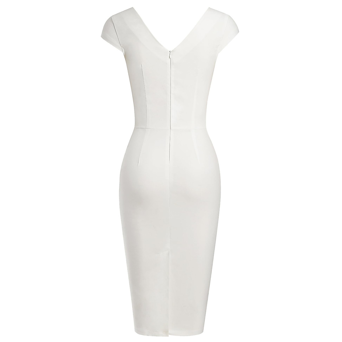 MUXXN Ladies Cut Out Neck High Stretch Pleated Wear to Work Midi Office Dress with Sleeve (Off White L)