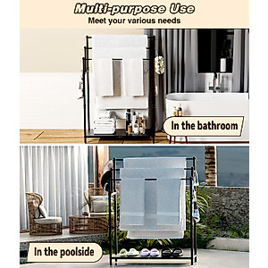 Mondazie 44” Tall Free Standing Towel Racks with 6 Hooks for Bathroom, 3 Tiers Oversized Pool Bath Towels Drying Stand, Metal Blanket Ladder Holder with Storage Shelf for Bedroom Living Room, Black