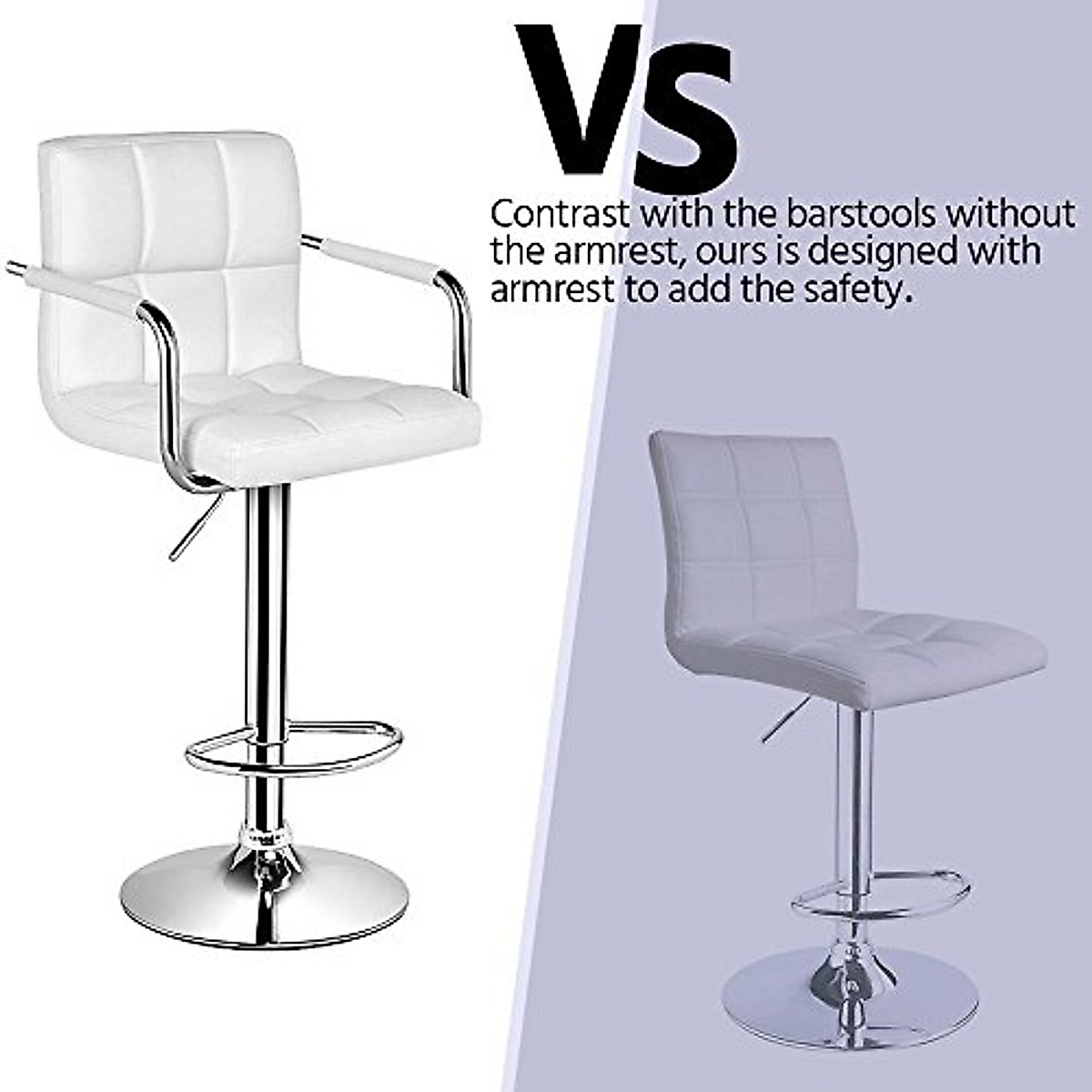 Yaheetech Tall Bar Stools Set of 2 Modern Square PU Leather Adjustable BarStools Counter Height Stools with Arms and Back Bar Chairs 360 Swivel Stool White