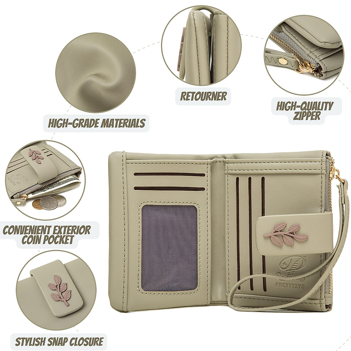 PRETTYZYS Small Bifold Wristlet Wallet for Women – Handmade, RFID Blocking Wallet Case with Credit Card Sleeves, Cash & Coin Storage Compartments – Mini Purse for Ladies, Teenage Girls - Grey Green