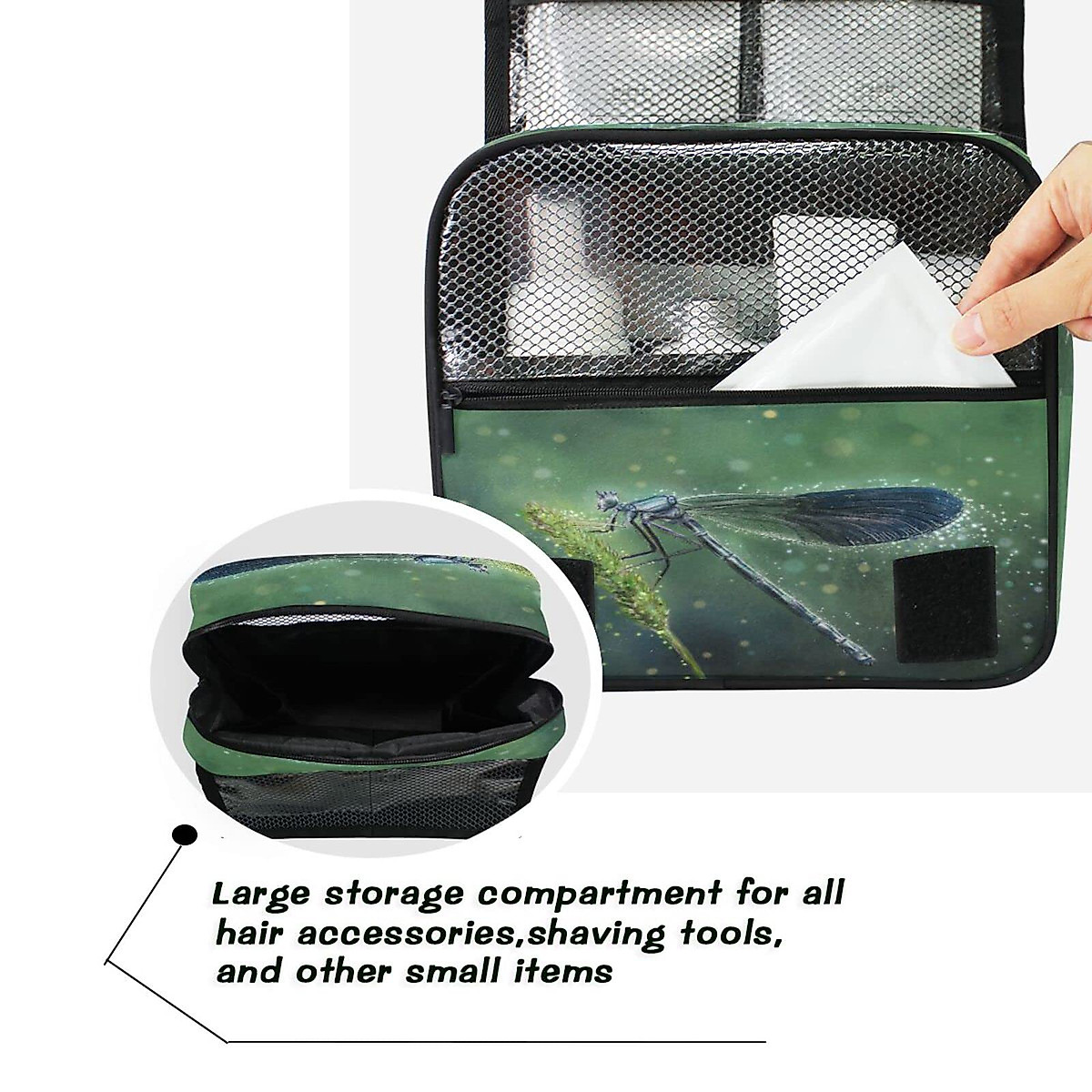 Omhonmi Hanging Toiletry Bag for Women Art Painting Dragonfly,Waterproof Makeup Pouch,Portable Cosmetic Bag,Travel Bag with Hanging Hook for Woman Man Travel Accessories