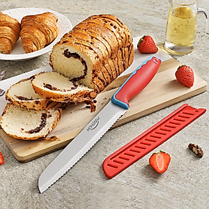 MONGSEW Bread Knife with Sheath, 8 inch Serrated Bread Knife for Homemade Bread, Bread Cutter with Ergonomic Dual-Color Handle, Great for Slicing Homemade Bread, Bagels, Cake (8 inch)