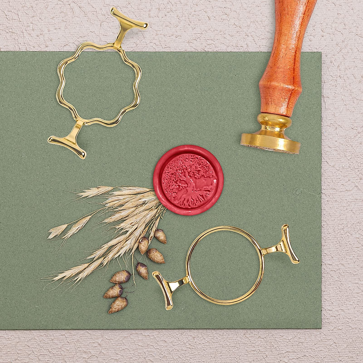 Yelsky 2 Metal Wax Seal Molds with Round and Flower Shape for 1 Inch Wax Seal Stamp, Wax Sealing Silicone Mat, Craft Adhesive Waxing for Wedding Invitations Envelopes Cards Gifts Wine Packaging