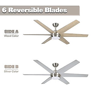 hykolity 54 inch Indoor Modern Ceiling Fan with Integrated LED Lights and Remote Control, 6 Blades, 6 Speed, Dimmable, 3CCT, Quiet Reversible Motor Ceiling Fan, Brushed Nickel