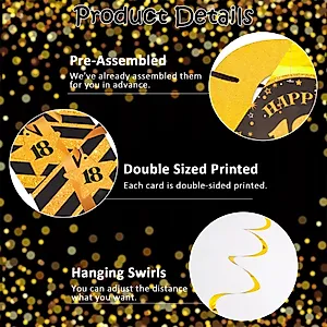 TIHEBAX Black&Gold 18th Birthday Decorations, 18th Birthday Decorations for Boys and Girls Happy 18th Birthday Banner with 10PCS Hanging Swirls Happy 18th Birthday Decorations 18th Birthday Party