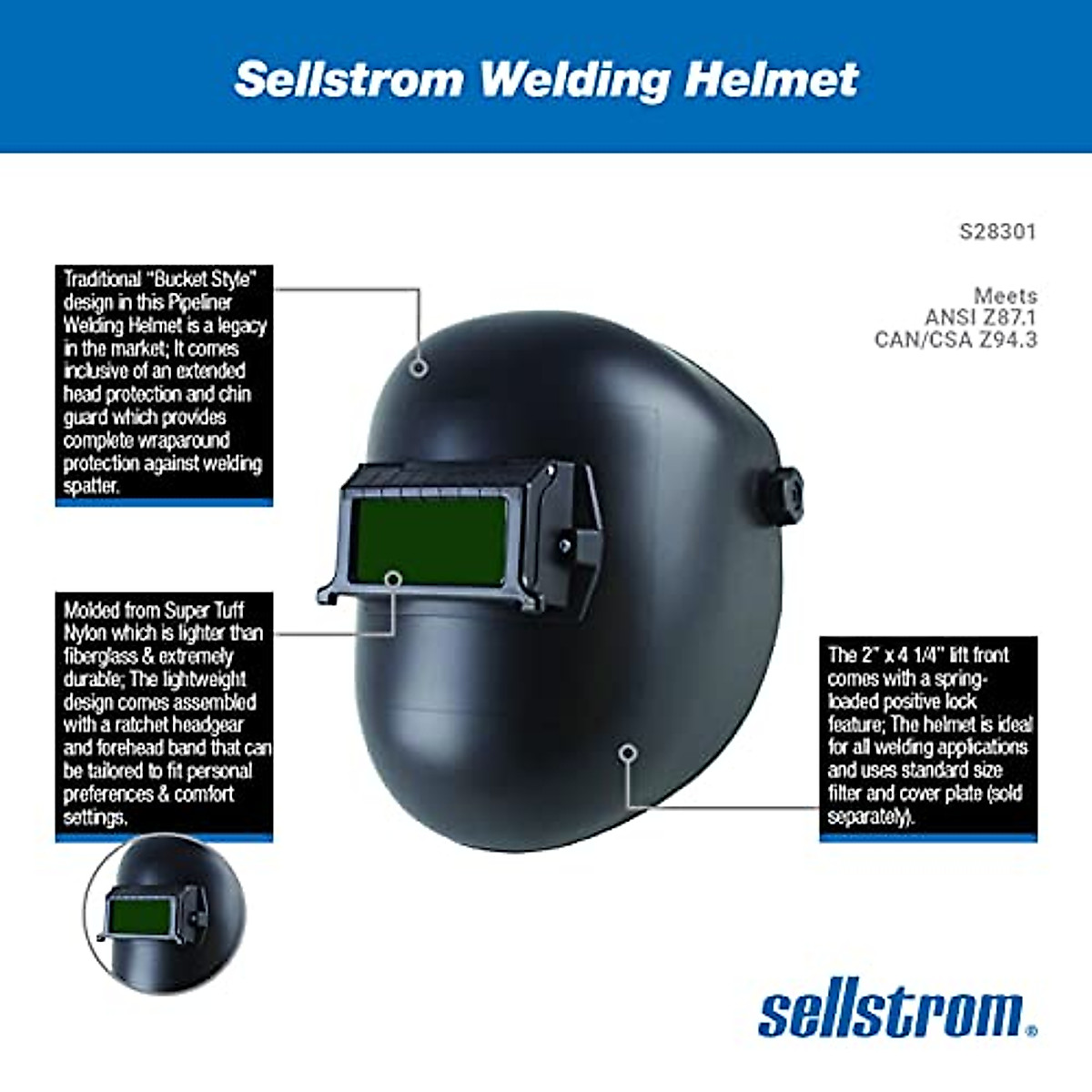 Sellstrom Lightweight, Durable, Bucket Style Passive Welding Helmet with Ratchet Headgear, 2" x 4.25" Lift Front (Filters, Cover Plates Sold Separately), Super Tuff Nylon, Black, 28301