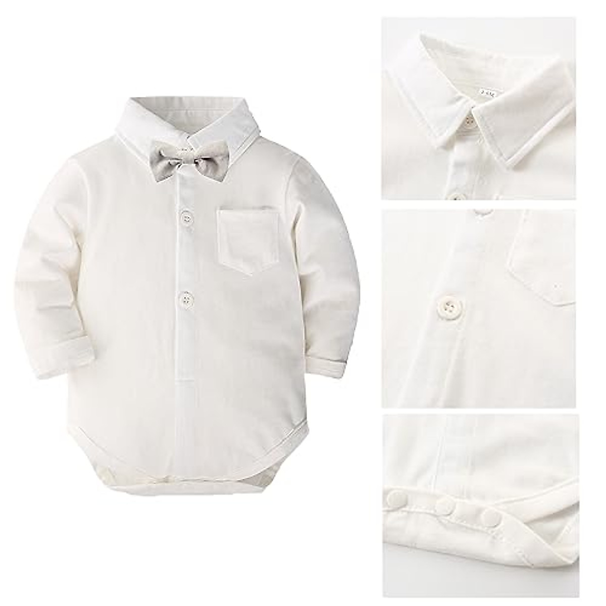 SALNIER Baby Boy Dress Suit Clothes Sets Infant Tuxedo Gentleman Suits Outfits Bowtie Shirt Suspenders Pants Beret Hat 0-24M(Gray 2,12-18 Months)