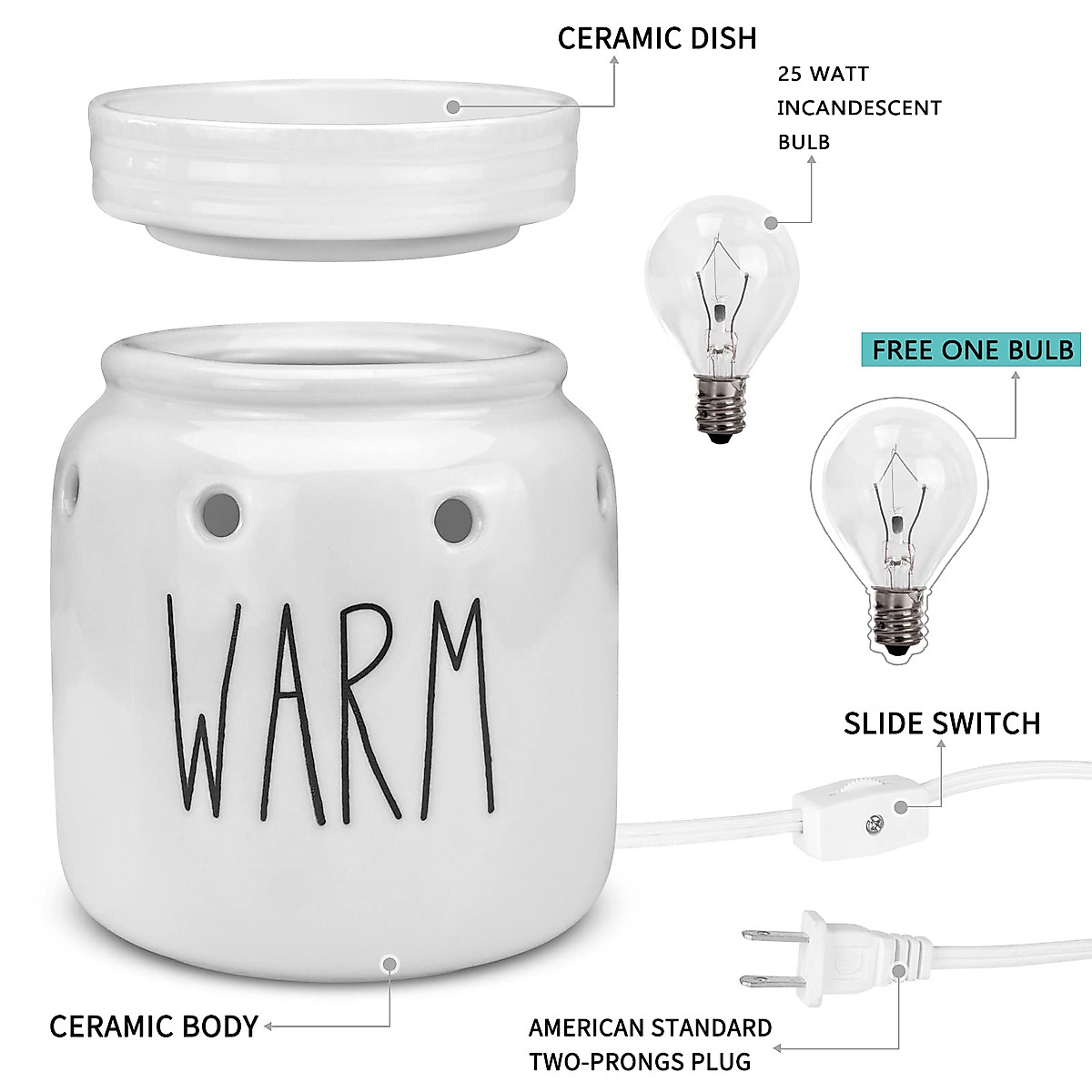STAR MOON Rae Dunn Wax Warmer Wax Melt Warmer for Rae Dunn Inspired Decor Mason Jar Wax Warmer with Removable Dish, One More Bulb, Home Fragrance Home Decor, Glossy White (Warm)
