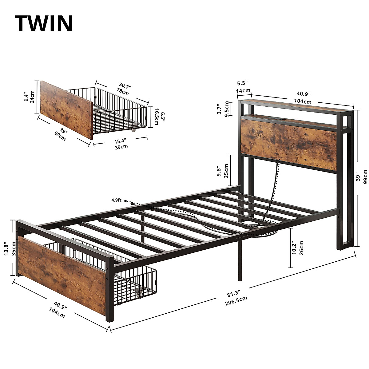 LIKIMIO Twin Bed Frames with Drawer, Storage Headboard with Outlets, No Box Spring Needed, Easy Assembly, Vintage Brown