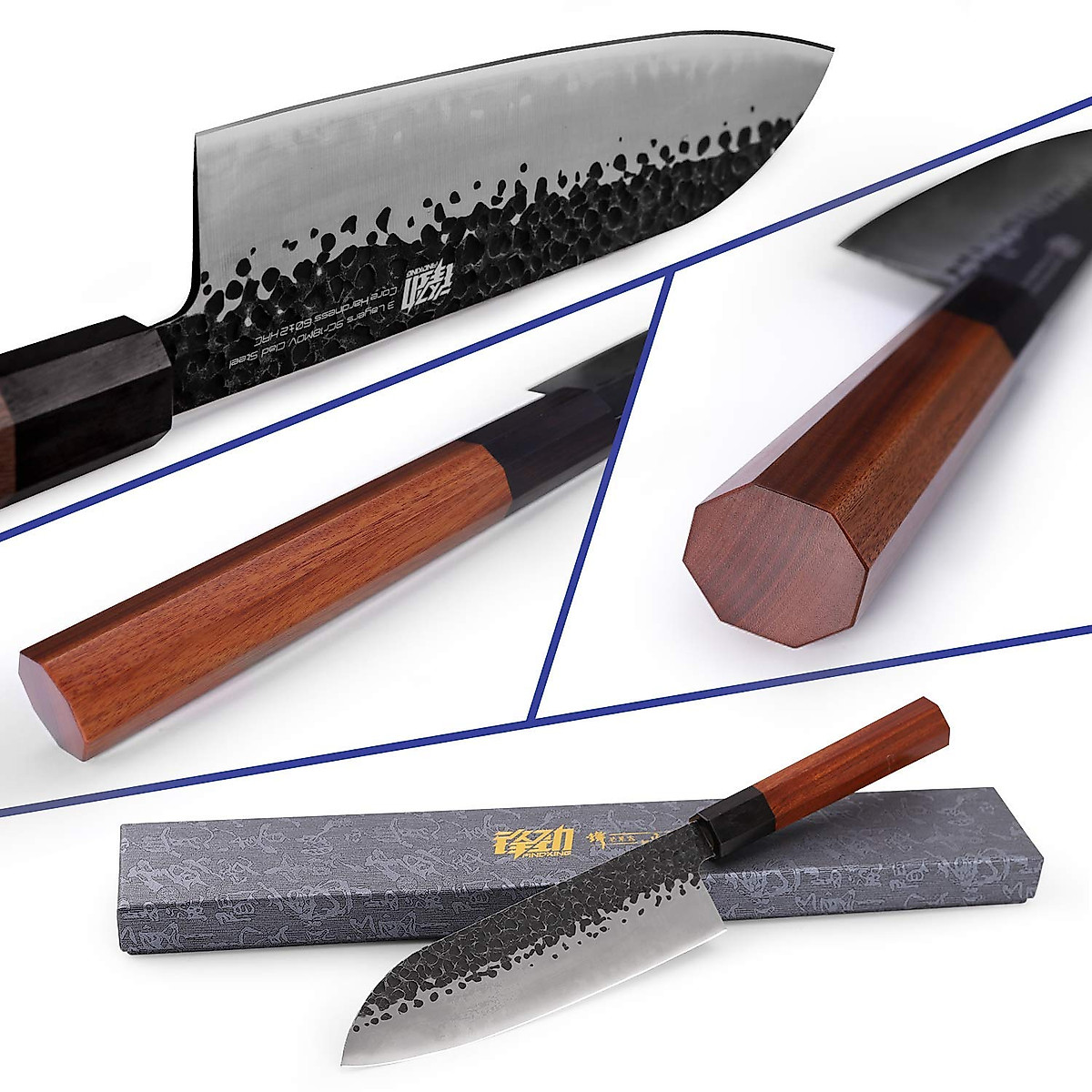 FINDKING Dynasty Series 5” Utility Knife, 7” Santoku Knife, 8” Chef Knife, 9” Kiritsuke Knife, 4pcs Clad Steel Octagonal Handle Kitchen Knives Set