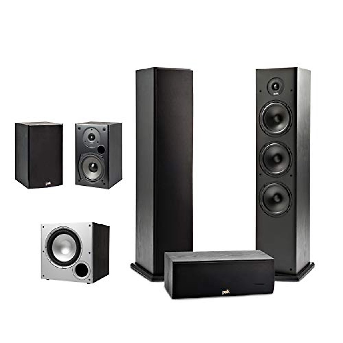 Polk Audio 5.1 Channel Home Theater System with Powered Subwoofer |Two (2) T15 Bookshelf, One (1) T30 Center Channel, Two (2) T50 Tower Speakers, PSW10 Sub | Alexa + HEOS