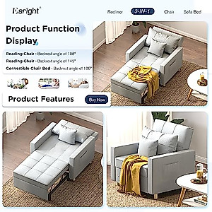 Esright 40 Inch Sleeper Chair Bed 3-in-1 Convertible Futon Multi-Functional Sofa Bed Adjustable Reading Chair with Modern Linen Fabric, Light Grey