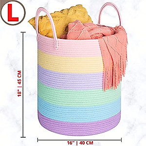 MINTWOOD Design Large Decorative Woven Cotton Rope Basket, Tall Laundry Basket Hamper, Blanket Basket for Living Room, Storage Baskets for Toys, Towel, Throw, Pillow, 60L Pastel Rainbow