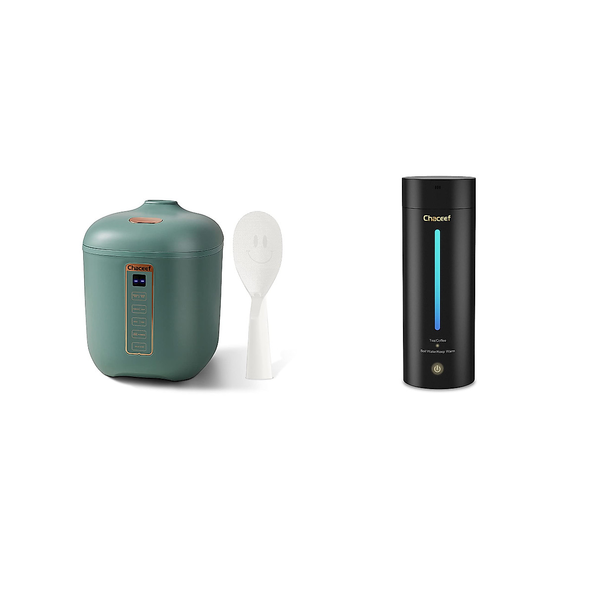 CHACEEF Mini Rice Cooker 2-Cups Uncooked, 1.2L Portable Non-Stick Small Travel Rice Cooker, Green & CHACEEF Travel Electric Kettle, 350ml Small Portable Kettle with 304 Stainless Steel