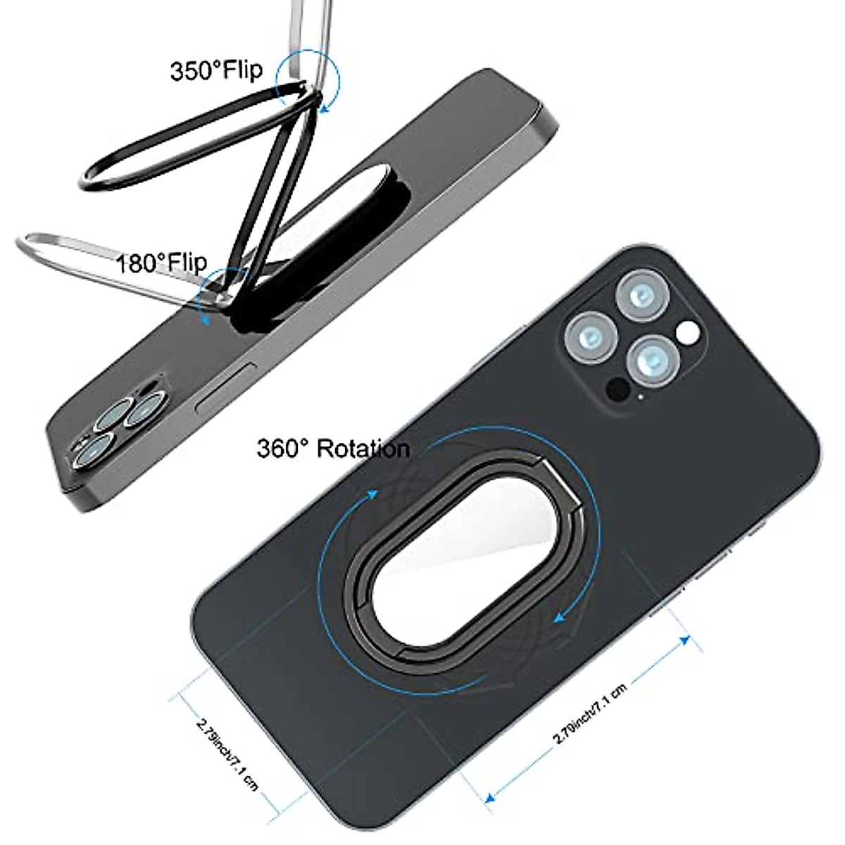 Phone Ring Holder Finger Kickstand, 360° Rotation Cell Phone Ring Holder Stand Metal Phone Back Grip for Magnetic Car Mount Foldable Cell Phone Stand Compatible with Most Smartphones