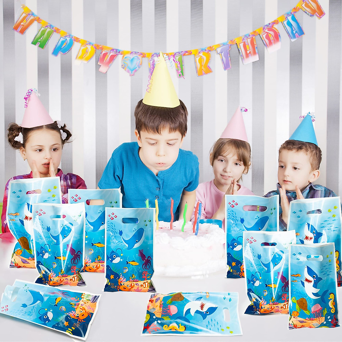 3sscha 50Pcs Animal in the Sea Party Favor Bag Marine Life Ocean Themed Plastic Waterproof Goodie Bag with Die Cut Handle Whale Shark Rectangular Gift Bags for Kids Birthday Baby Shower Decor Supplies