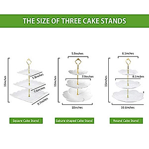 3 Set 3 Tier White Dessert Stands, Plastic Tiered Cake Stands, Fruit Candy Display Includes Square/Sakura-Shaped/Round Dessert Tiered Stand for Wedding Birthday Family Party