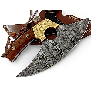 Damascus Steel alaskan Ulu Knife - Fixed Blade knife for Chopping Boning Slicing Cutting,Solid Burl Rose Wood Handle with Leather Sheath.SM145